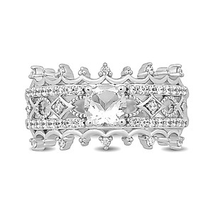 Jewelili Enchanted Disney Fine Jewelry Sterling Silver 5x5 MM Cushion Shape White Topaz and 1/3 Cttw Natural White Round Diamond Majestic Princess Engagement Ring, Size 8