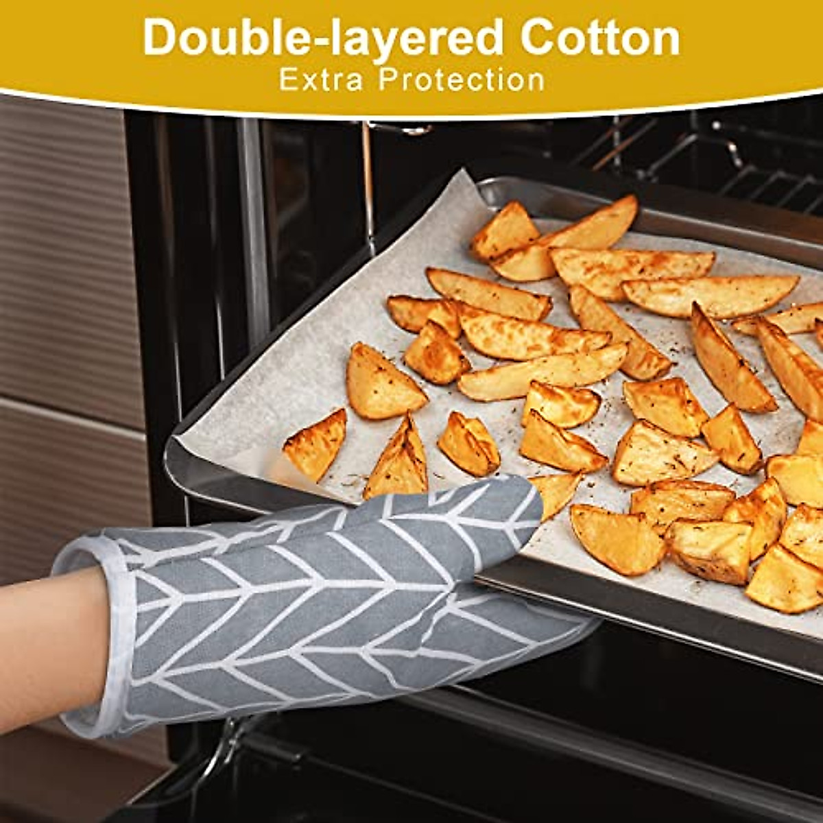 AUAUY Oven Mitts and Potholders BBQ Gloves-Oven Mitts and Pot Holders with Recycled Infill Silicone Non-Slip Cooking Gloves for Cooking Baking Grilling (6-Piece Set,Grey)