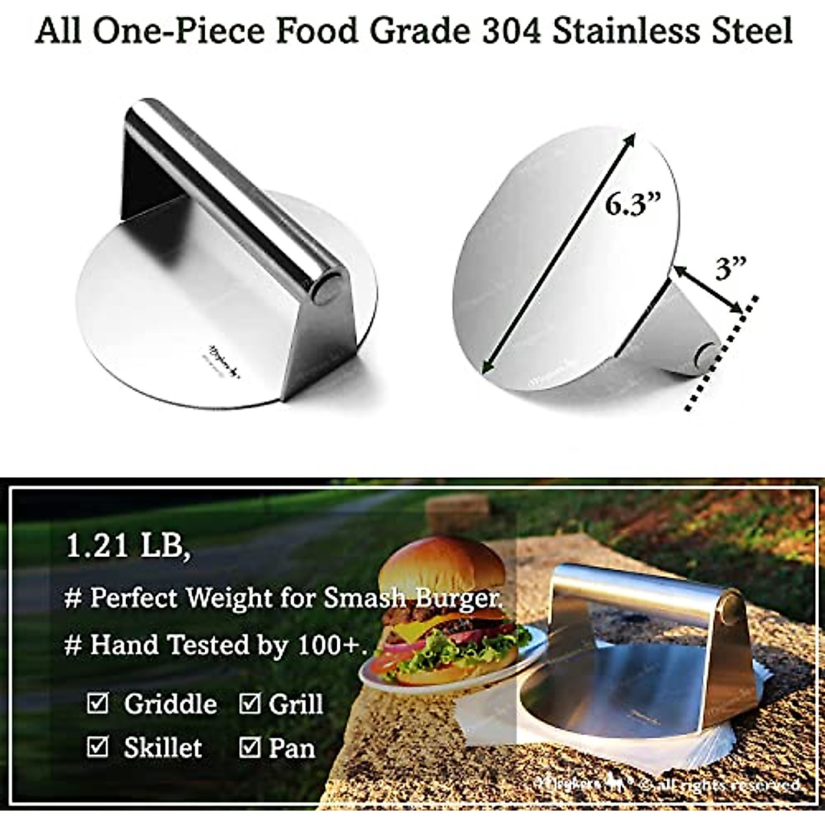Meykers Smash Burger Press 6.3” Burger Smasher | for Griddle Grill Pan Skillet | Weight Gain Flat Presser Smashburger Maker 304 Stainless Steel | Meat Bacon Sandwich Panini | Tool Kit for BBQ Lover