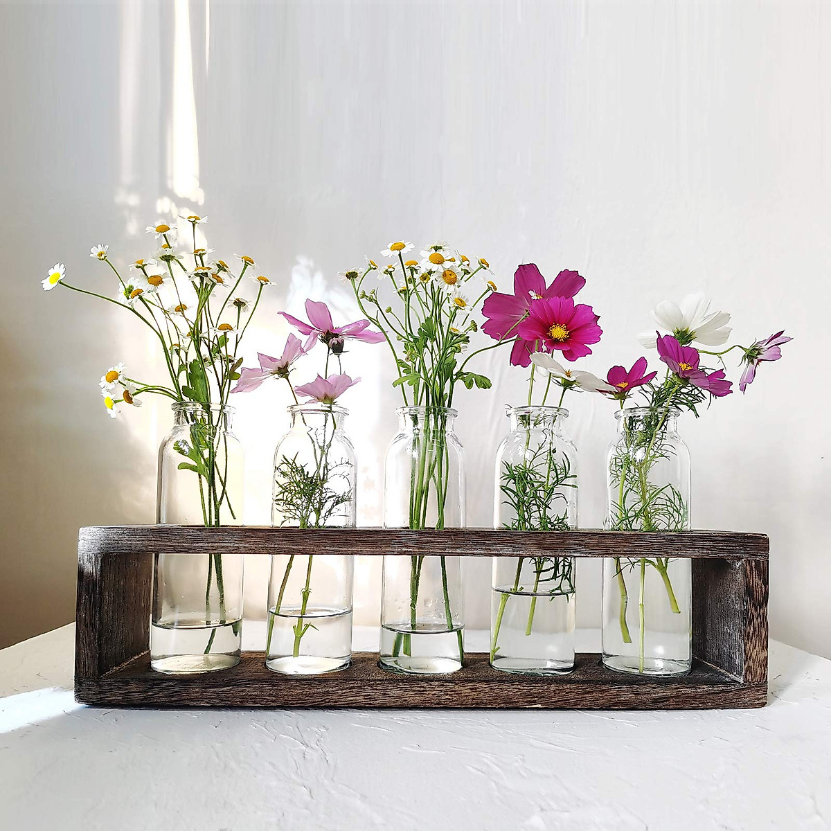 KatoonX Flower Vase Set with Wood Rack Plant Terrariums Kit for Hydroponics Plants Home Garden Wedding Centerpiece Decor (Rustic)