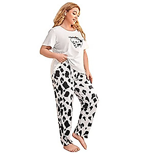 WDIRARA Women's Plus Size 2 Piece Cow Print Short Sleeve T Shirts and Pants Pajama Set Black and White 2XL