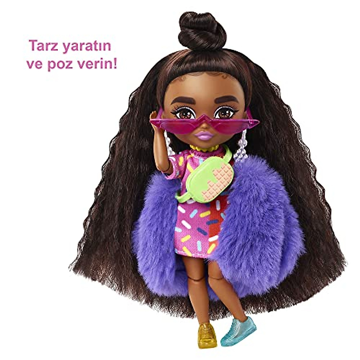 Barbie Extra Minis Doll #1 (5.5 in) Wearing Sprinkle-Printed Dress & Furry Coat with Doll Stand & Accessories Including Micro Sunglasses and Waist Bag, Gift for Kids 3 Years Old & Up​