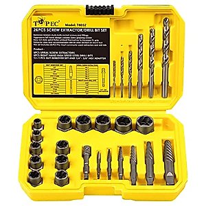 TOPEC Screw Extractor Set, 26 Piece Bolt Extractor Kit and Left Hand Drill Bit with Hex Adapter, Easy Out Stripped Lug Nut Remover Socket for Stripped, Damaged, Rounded-Off, Rusted Bolts, Nuts&Screws
