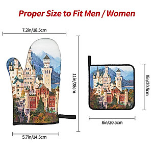 Swono Castle Painting Oven Mitts and Pot Holders Sets,Original Oil Painting of Famous Neuschwanstein Castle in Bavaria Kitchen Cooking Gloves Heat Resistant Baking for BBQ Grilling