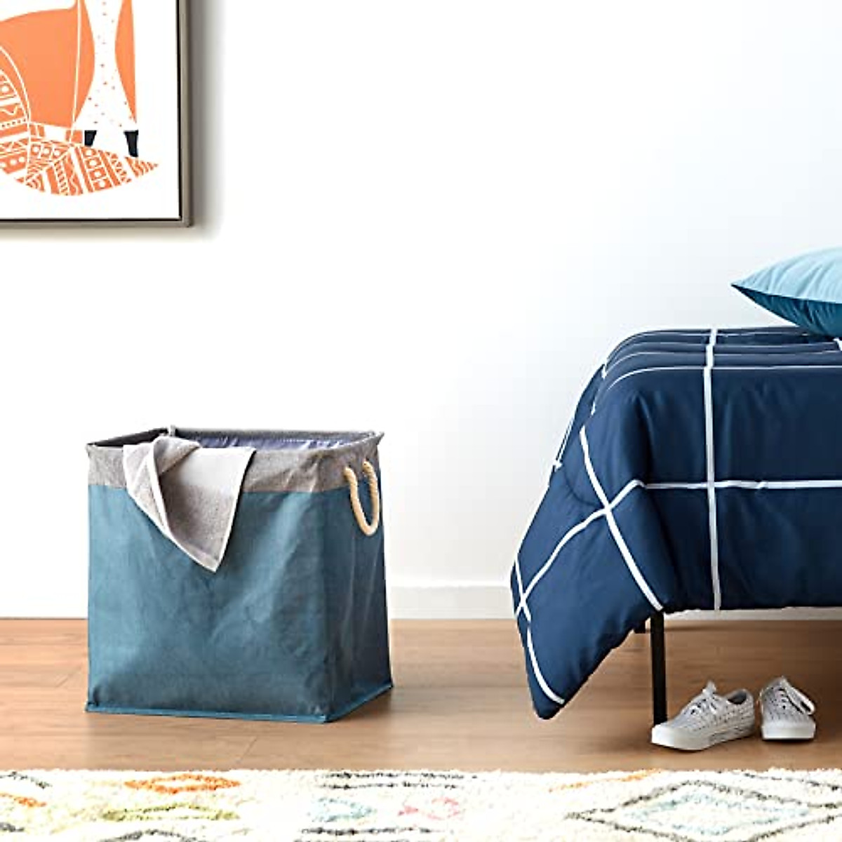 Amazon Basics Foldable Rectangular Fabric Laundry Hamper with Detachable Brackets, Large, Still Water Blue