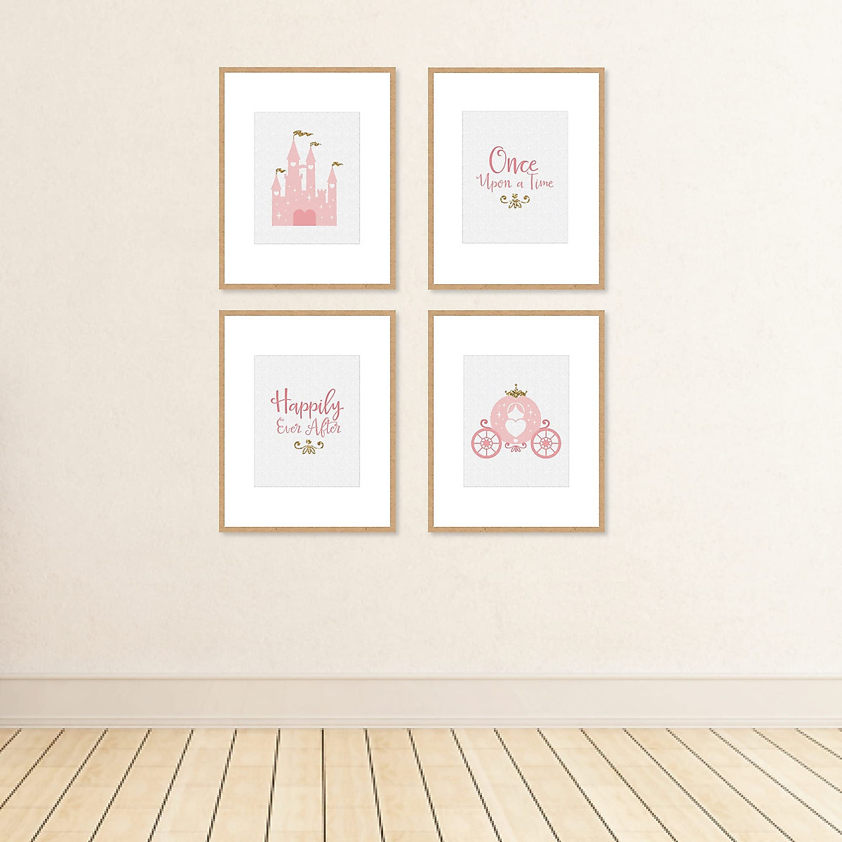 Big Dot of Happiness Little Princess Crown - Unframed Pink and Gold Castle Nursery and Kids Room Linen Paper Wall Art - Set of 4 - Artisms - 8 x 10 inches