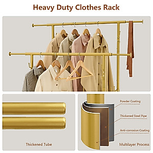 Gewudraw Double Rod Garment Rack, Heavy Duty Rolling Gold Clothes Rack with Wheels For Hanging Clothes,Portable Metal Clothing Rack with Shelves, 64.2inch Chrome