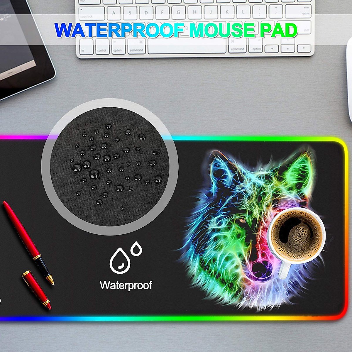 RGB Gaming Mouse Pad - 14 Light Modes Extended Computer Keyboard Mat, Anime LED Mouse Pad Large，High-Performance Mouse Pad Optimized for Gamer 31.5 X 12in (Wolf Mouse pad)