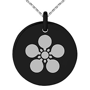 Tioneer Black Stainless Steel Maeda Samurai Crest Symbol Small Medallion Circle Charm Pendant Necklace