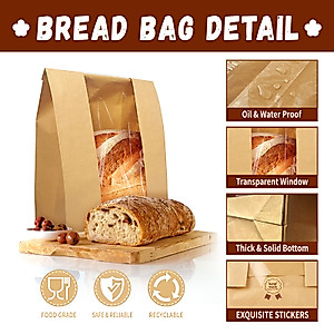 WNSIRVY 30 Pack Large Bread Bags for Homemade Sourdough Bread - Kraft Paper Storage Bakery Bags with Clear Window Bonus 50 Seal Stickers for Sourdough Sandwich (13.7x8.2x3.5 Inches, Brown)