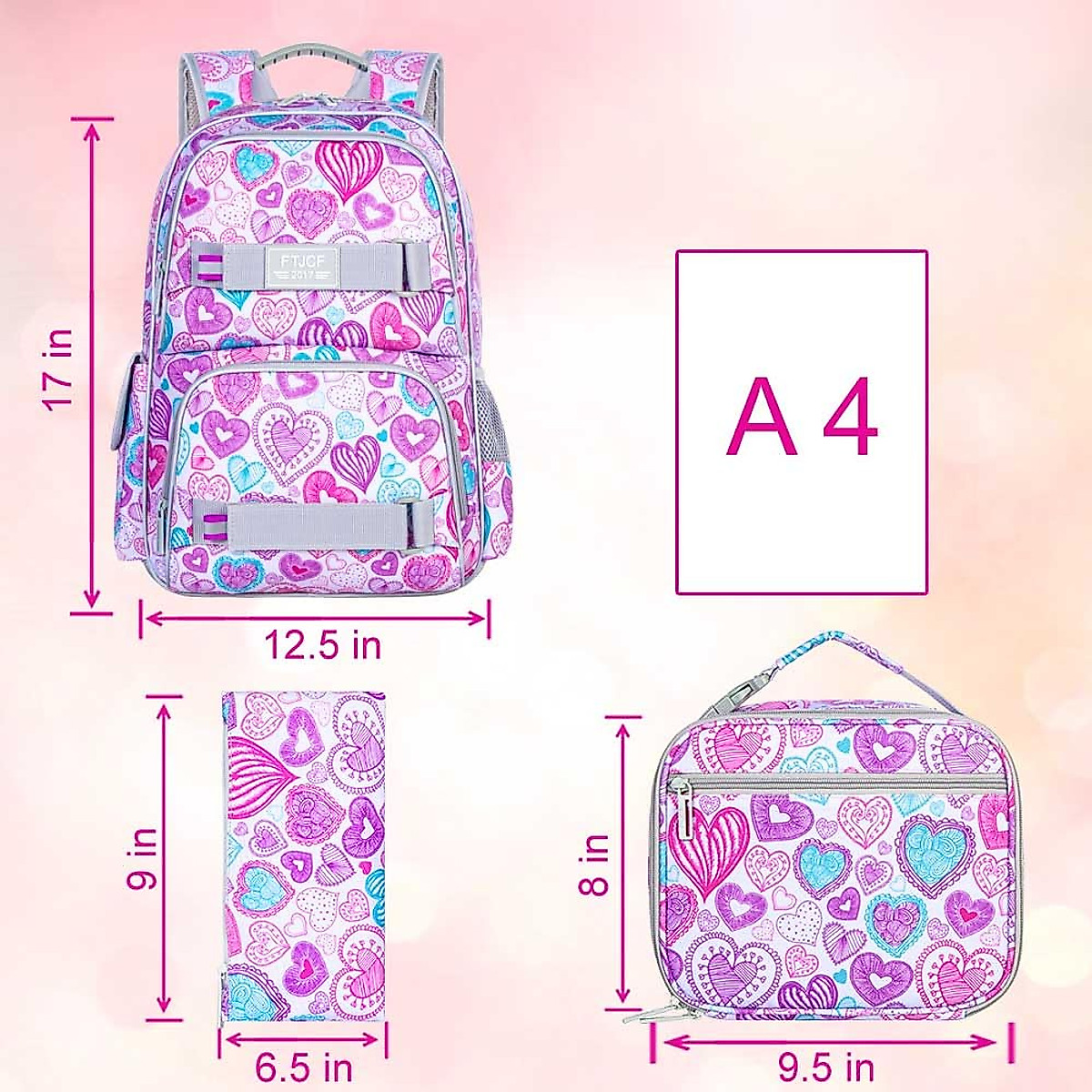 FTJCF Laptop Backpack, 16 Inch School Bag College Bookbag, Anti Theft Daypack Bags and Lunch Bag Set, Water Resistant Love Backpacks for Teens Girls Women Students (PinkGrey)