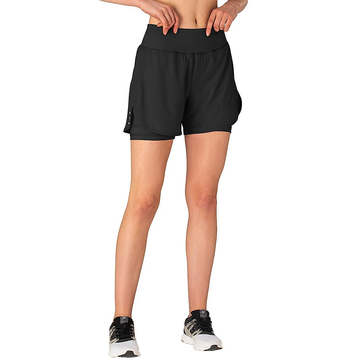 Gopune Women's 2 in 1 Running Shorts Workout Athletic Gym Yoga Shorts with Phone Pockets Black,XL