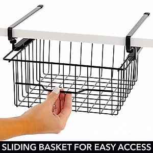 mDesign Compact Hanging Pullout Drawer Basket - Sliding Under Shelf Storage Organizer - Metal Wire - Attaches to Shelving - Easy Install - for Kitchen, Pantry, Cabinet - 2 Pack - Black