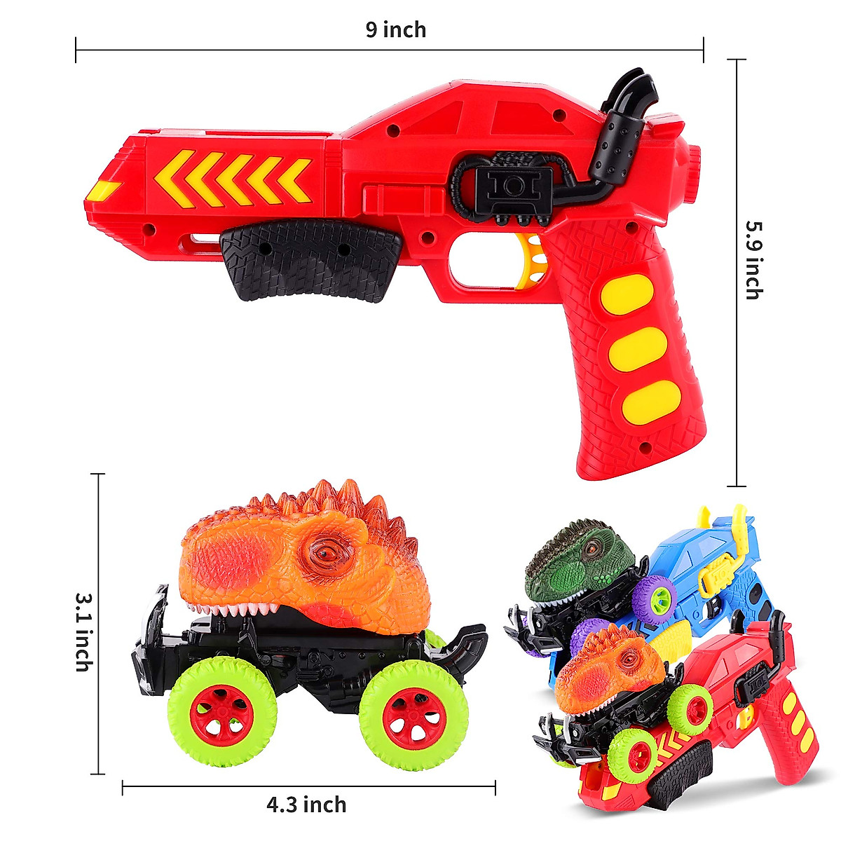 FiGoal 2 Pack Dinosaur Cars with Toy Gun Ejecting Friction Powered Dino Car Transforming Dinosaur Toys Car Gifts for Boys Girls Toddlers Classroom Prize Gifts