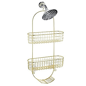 mDesign Steel Metal Curved Bathroom/Shower Caddy, Hanging Storage Organizer for Shampoo and Conditioner Bottles - 2-Tier Rack with Baskets - Holder for Soap, Body Wash, Concerto Collection, Soft Brass