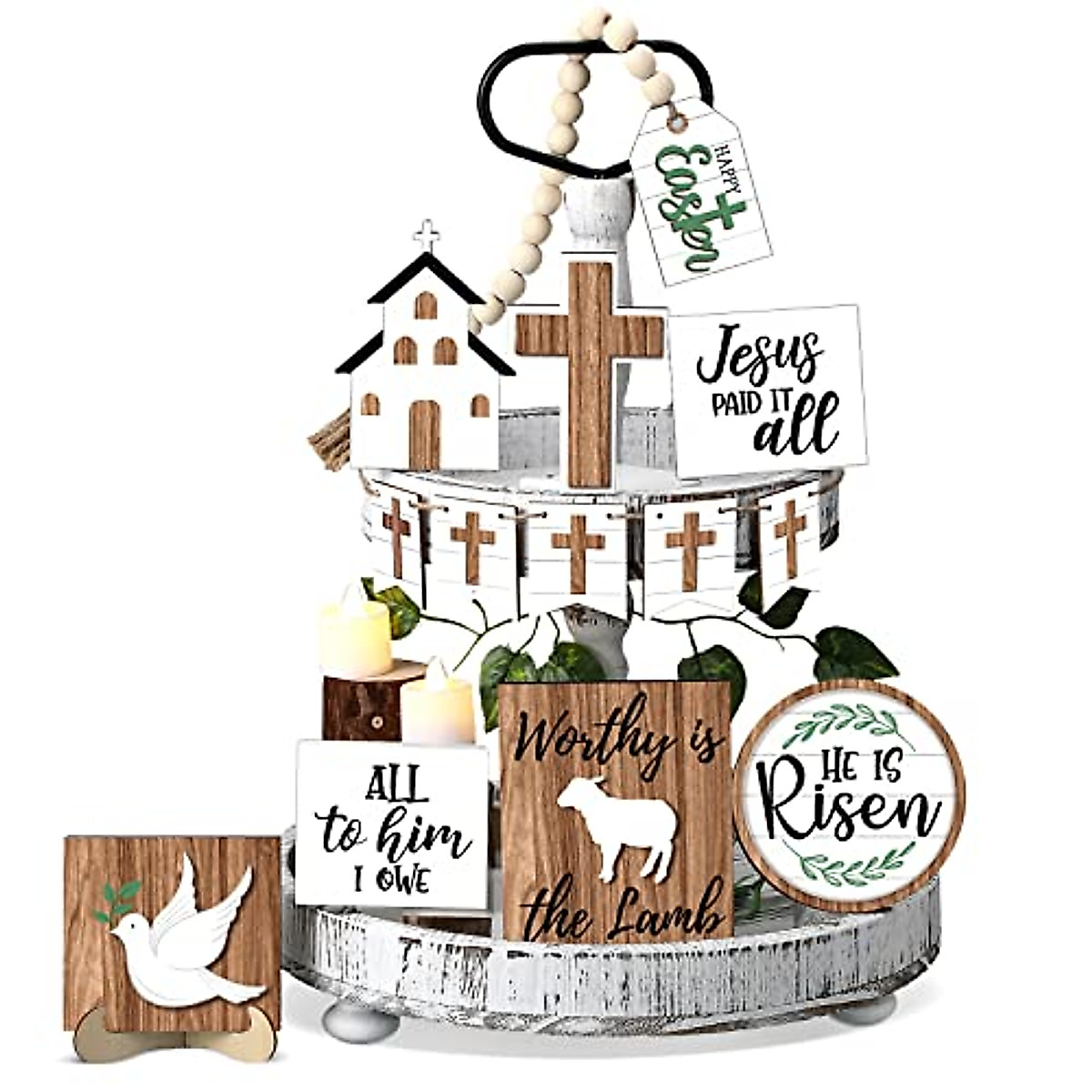 15 Pcs Easter Tiered Tray Decor Set, Table Top Decor Farmhouse Wooden Block Signs Wood Cross Decor with LED String Lights for Easter Home Kitchen Decorations
