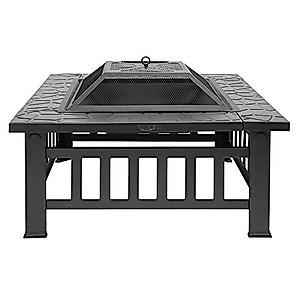 FCH 32" Metal Fire Pit Outdoor Backyard Patio Garden Square Stove Brazier with Charcoal Rack, Poker & Mesh Cover 32" L x 32" W x 17" H