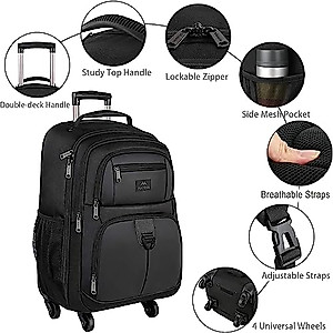 Roller Backpack, 18 inch Large Travel Laptop Bag with 4 Wheels for Adults, Heavy Duty Wheeled Suitcase Luggage Pack for Work Business, Rolling Spinner Computer Rucksack for Women Men Nursing, Black