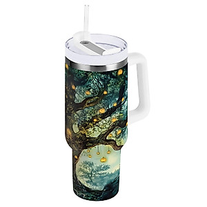 Jihqo Fairy Tales Glowing Tree 40 oz Stainless Steel Vacuum Insulated Tumbler with Handle and Straw Lid, Leakproof Water Bottle Double Wall Travel Mug Coffee Cup, Cupholder Friendly
