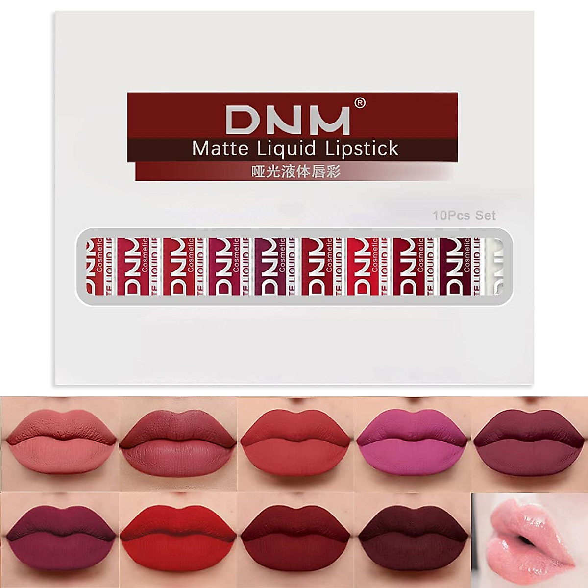 evpct DNM 9Pcs Deep Red Black Matte Liquid Lipsticks + 1Pcs Clear Lip Plumping Plumper Gloss Makeup Set Long Lasting Lipstick 24 hour Waterproof labiales matte mate larga duracion 24 horas originales