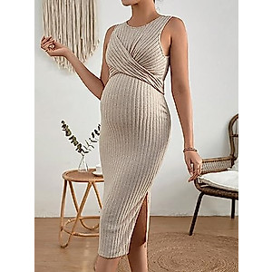 MakeMeChic Women's Maternity Ribbed Knit Sleeveless Criss Cross Tie Back Split Midi Bodycon Tank Dress Khaki L