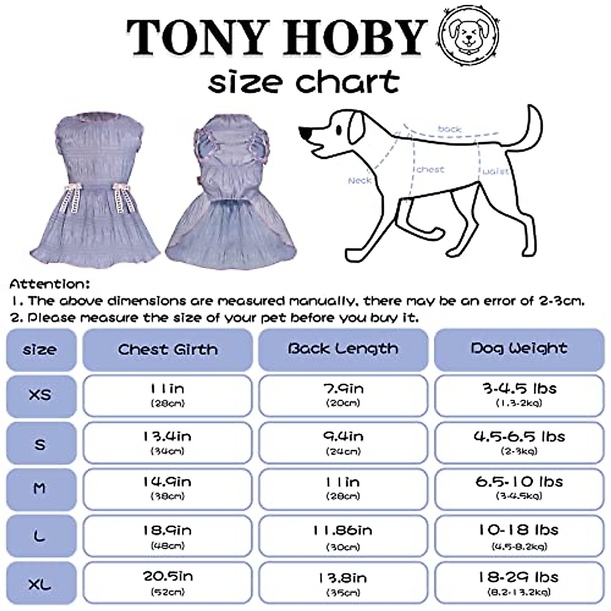 TONY HOBY Dog Dress, Dog Summer Dress, Dog Princess Dress Pleated with Bow-Knot, Soft Dog Tutu Outdoor Dress for Small Medium Dog (Blue, XS)