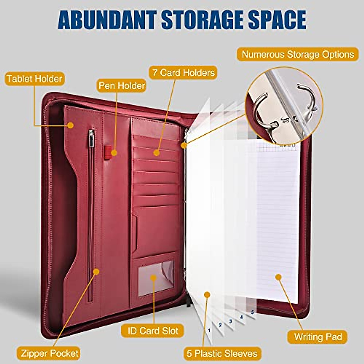 Linaxbong Padfolio Portfolio Business Binders—3 Ring Binders，Secure Zippered Closure，Resume padfolio Business Organizer—Pu Leather Padfolio Portfolio Binders for Men & Women(WR)