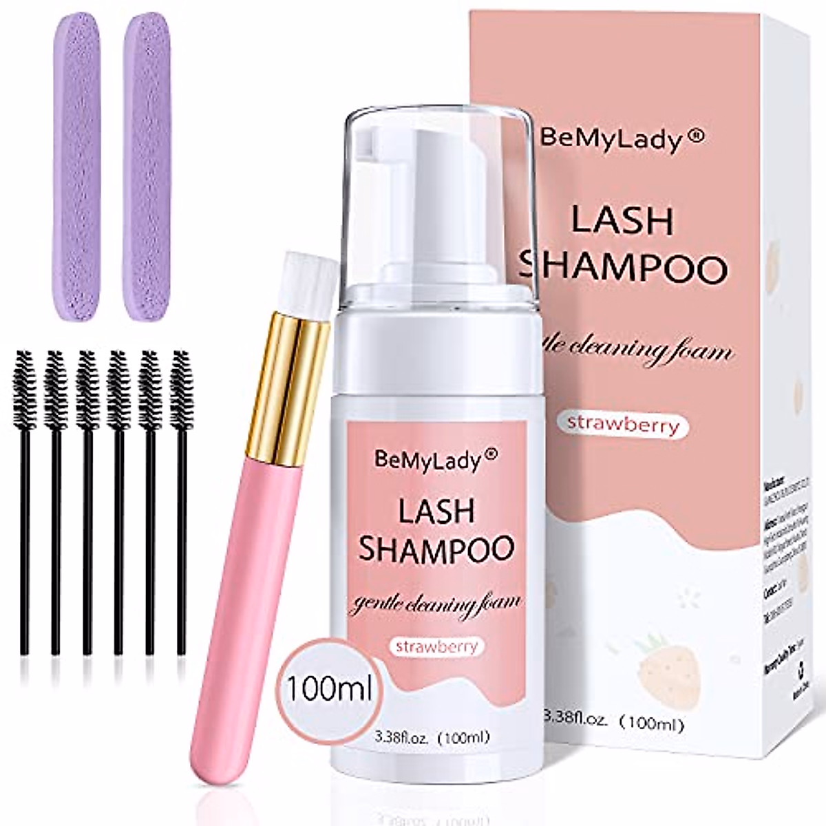 BeMyLady Eyelash Extension Shampoo 100ml Eyelash Shampoo for Lash Extensions Gentle Eyelid Foaming Cleanser for Sensitive Skin Remove Makeup & Oil, Paraben & Sulfate Free (3.38Fl Oz)