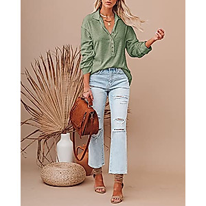 BTFBM Women Casual Button Down V Neck Blouses Long Sleeve Solid Color Stand Collar Knitted Fall Tops Cute Relaxed Fit Shirts(Solid Light Green, Small)