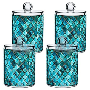 Kigai 2PCS Blue Glass Mosaic Qtip Holder Dispenser with Lids - 14 oz Bathroom Storage Organizer Set, Clear Apothecary Jars Food Storage Containers, for Tea, Coffee, Cotton Ball, Floss