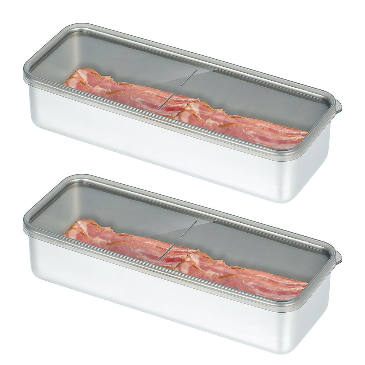 Zarevant Pack of 2 Bacon Container for Refrigerator, 304 Stainless Steel Airtight Deli Meat Storage Bacon Keeper, Long Storage Container for Fridge, Dishwasher Safe, with Lids