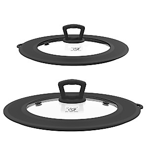 Set of 2 Vented Tempered Glass Universal Lid for Pot Pan Skillet with Heat Resistant Silicone Microwave Splatter Cover Microwave Safe Fit 6.5" 7" 7.5" and 9.5" 10" 10.5" 11", Black