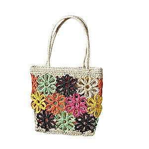 Womens Top Handle Straw Beach Tote Bags Floral Shoulder Bag Beach Bag Large Size Satchel Purses Woven Shoulder Bag