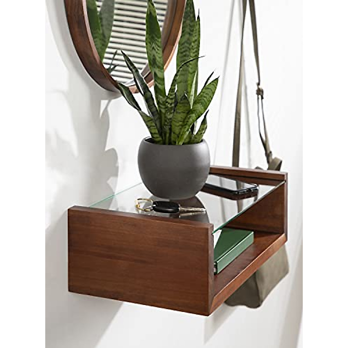Kate and Laurel Holt Midcentury Floating Shelf, 18 x 10, Walnut Brown, Sophisticated Glass and Storage Shelf for Storage and Display