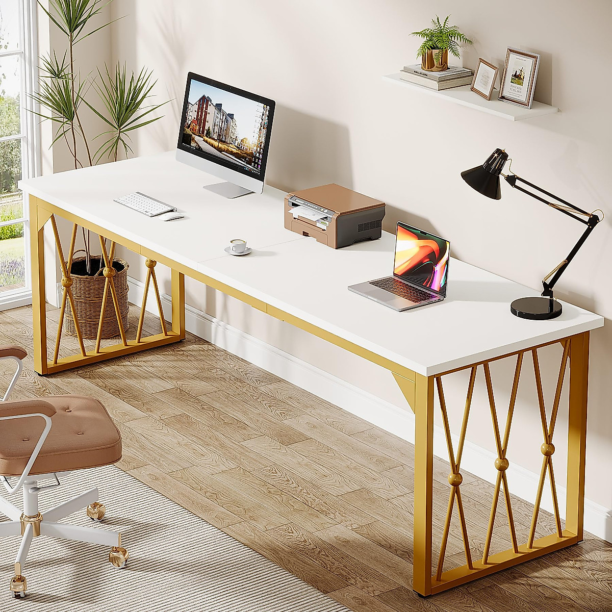 Tribesigns 78.7-Inch Two-Person Desk Extra Long Computer Desk, Double Computer Desk 2 Person Workstation Table for Home Office (Gold and White)