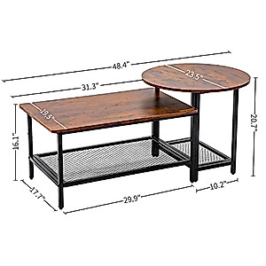 BETTAHOME 2 Piece Industrial Coffee Table Set, Detachable Nesting Rectangular and Round Side Table with Storage Shelf, Ideal for Living Room, Small Spaces Rustic Brown BT003