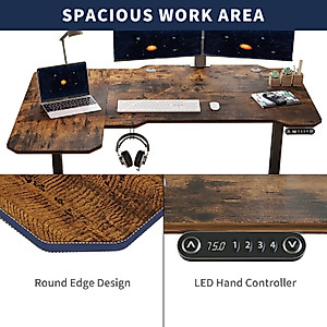 59'' L Shaped Electric Height Adjustable Standing Desk, Sit to Stand Home Office Computer Desk with Black Frame & Rustic Brown Top