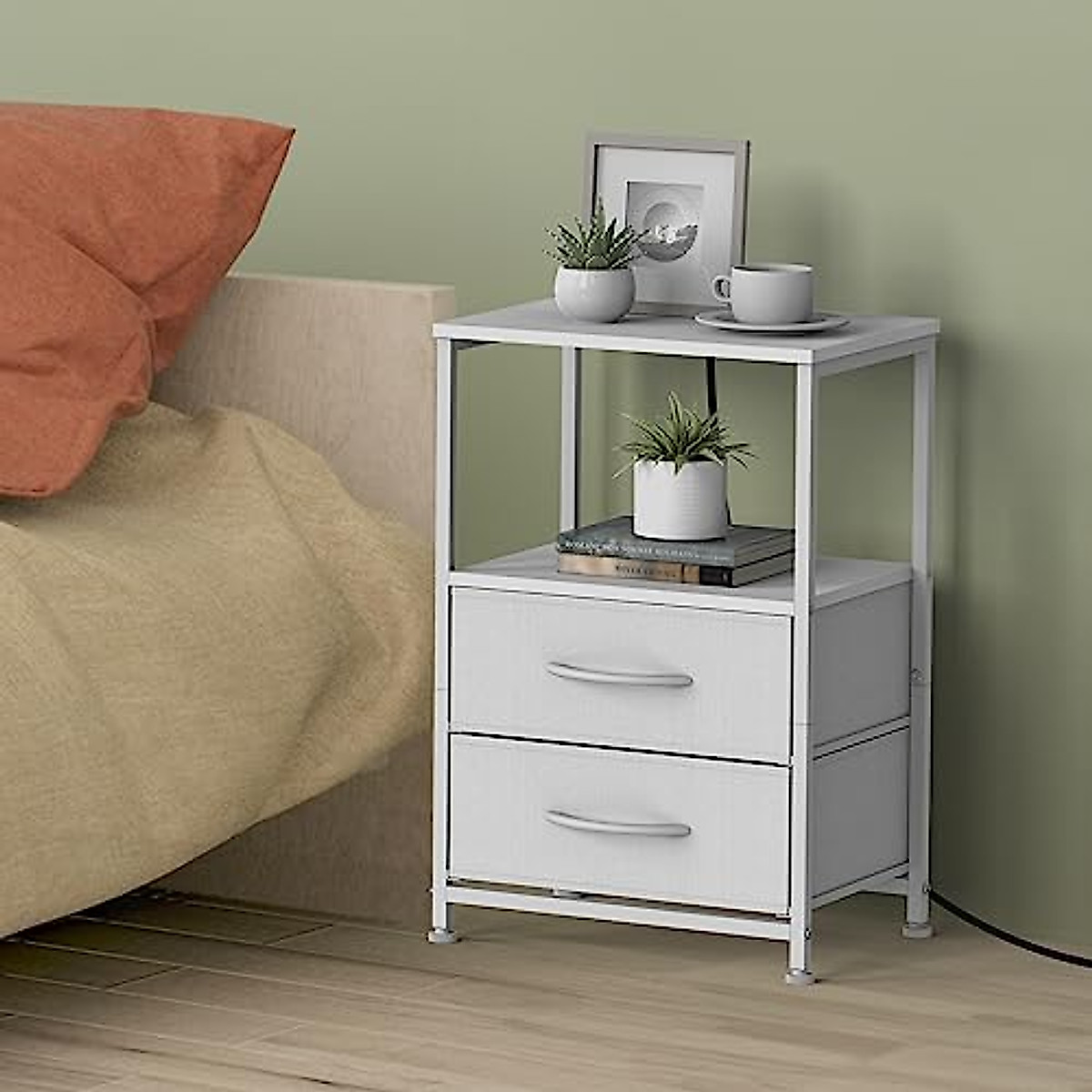DOMYDEVM White Nightstand with Charging Station Bedroom Night Stand Bedside Table with USB Ports and Outlets Small Side End Table with 2 Fabric Storage Drawers for Living Room Dorm