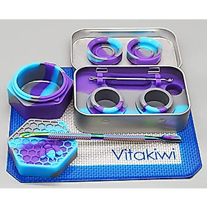 Vitakiwi Silicone Wax Carving Travel Kit with 5ml 26ml Honeybee Concentrate Containers + 5.2" Rainbow Tool + 5.9"×4.9" Mat + Tin Carrying Box (Purple Blue Grey)