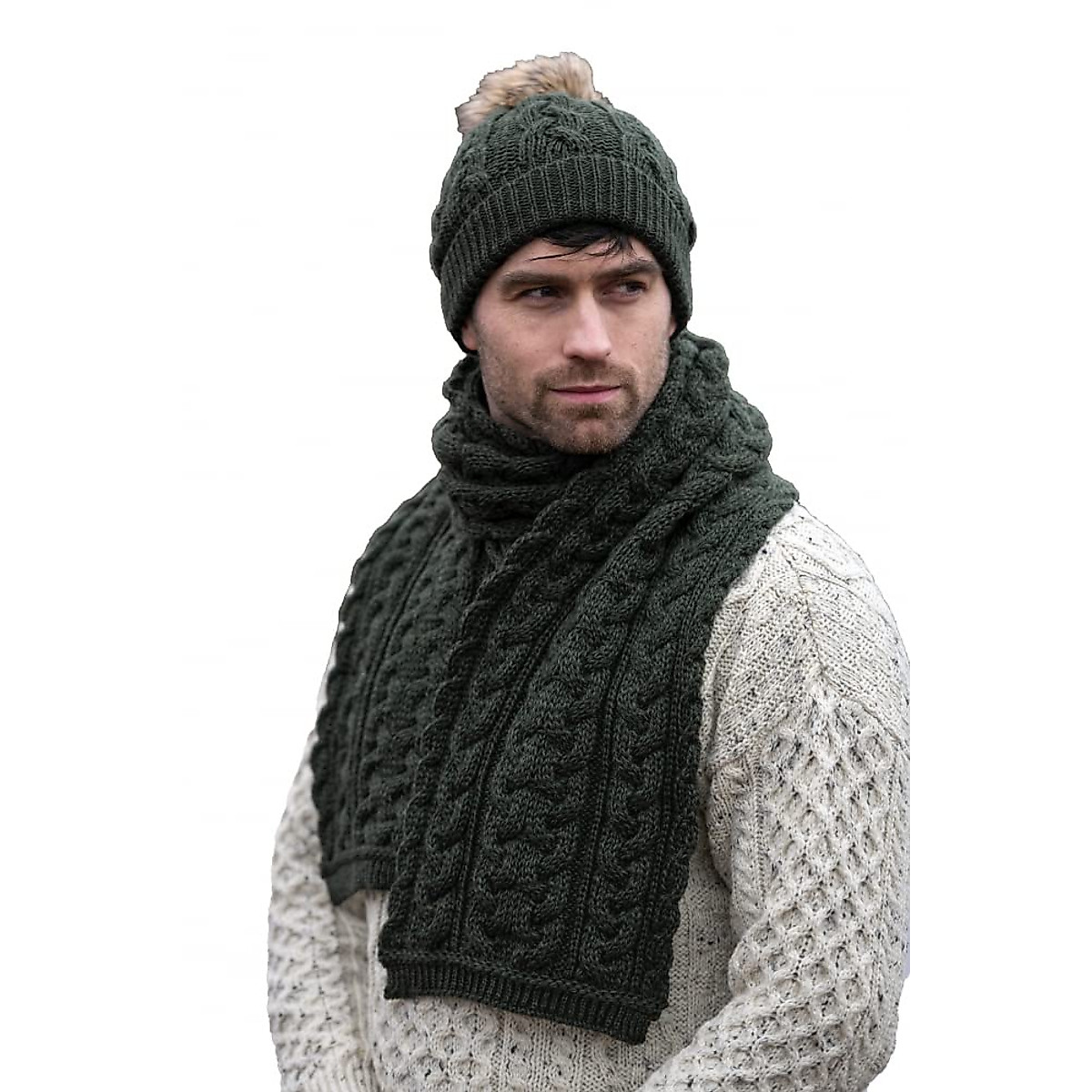 Aran Crafts Irish Cable Knitted Wool Heavyweight Scarf 10"x64" (X4855-AGRE)