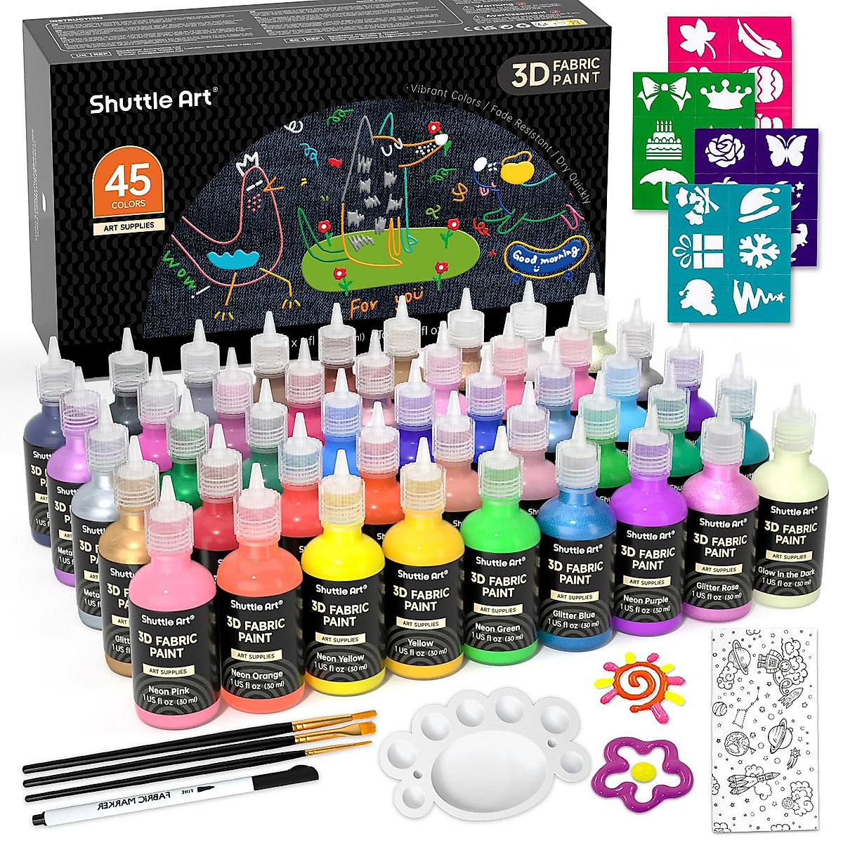 Shuttle Art Fabric Paint Set, 45 Colors 3D Permanent Paint with Brushes Palette Fabric Pen Fabric Sheet Stencils, Glow in The Dark, Glitter,Metallic Colors for Textile Fabric T-Shirt Jeans Glass