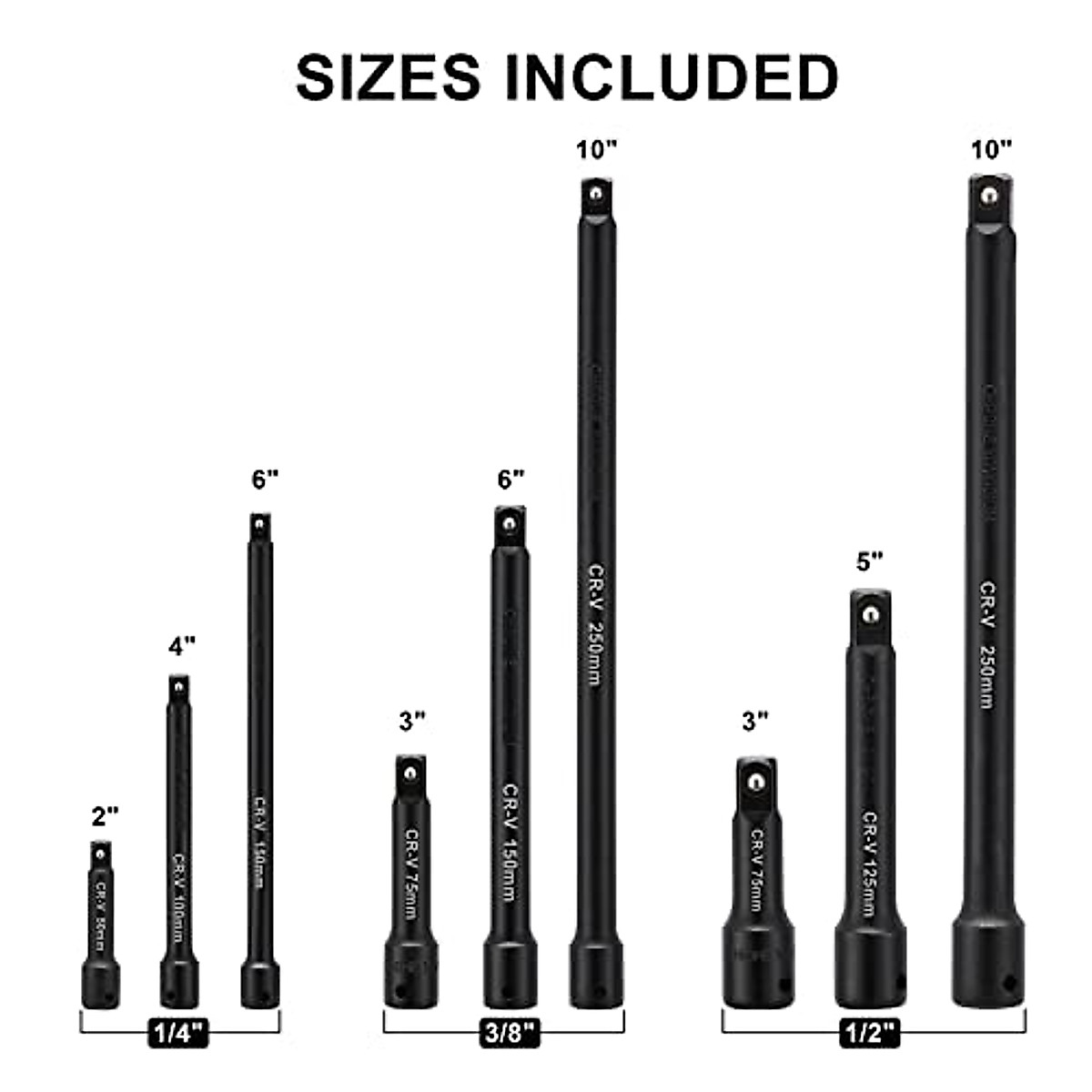 Mayouko 1/4",3/8",1/2" Drive Extension Bar Set, CR-V, 9 Pieces Socket Extension Bars for Narrow and Deep Areas