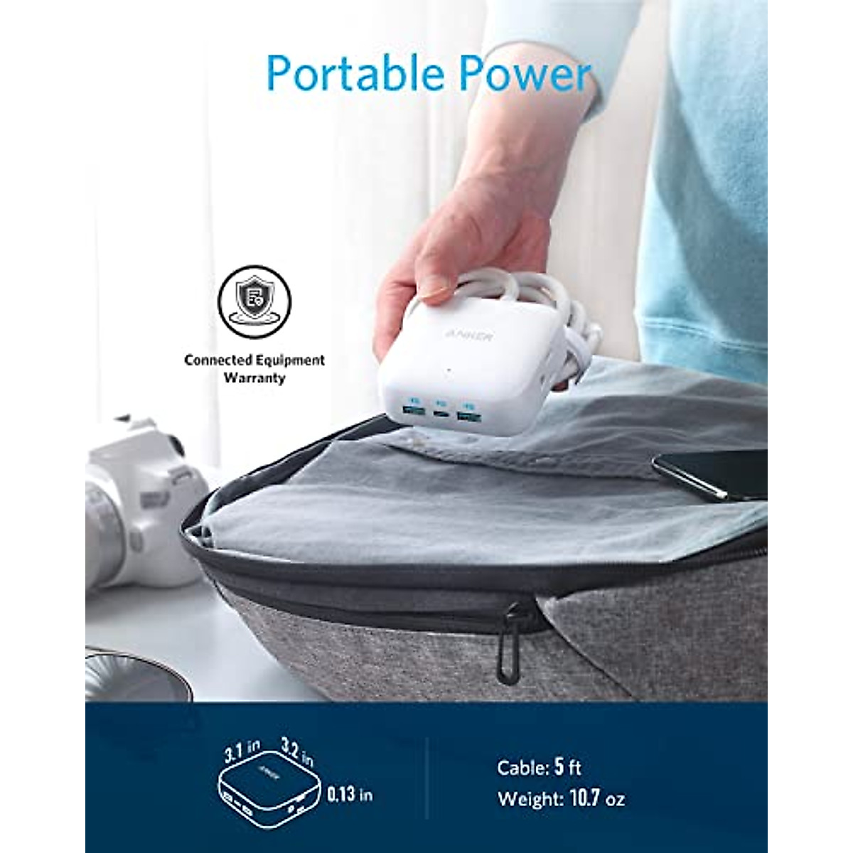 Anker Power Strip with USB C, 30W PowerPort Strip PD 2 Mini with 2 Outlets & 3 USB (18W USB C), 5 ft Cord, Flat Plug, high-Speed Charge to Phones, Tablets, for Hotel, Dorm Room, Cruise Ship and Home