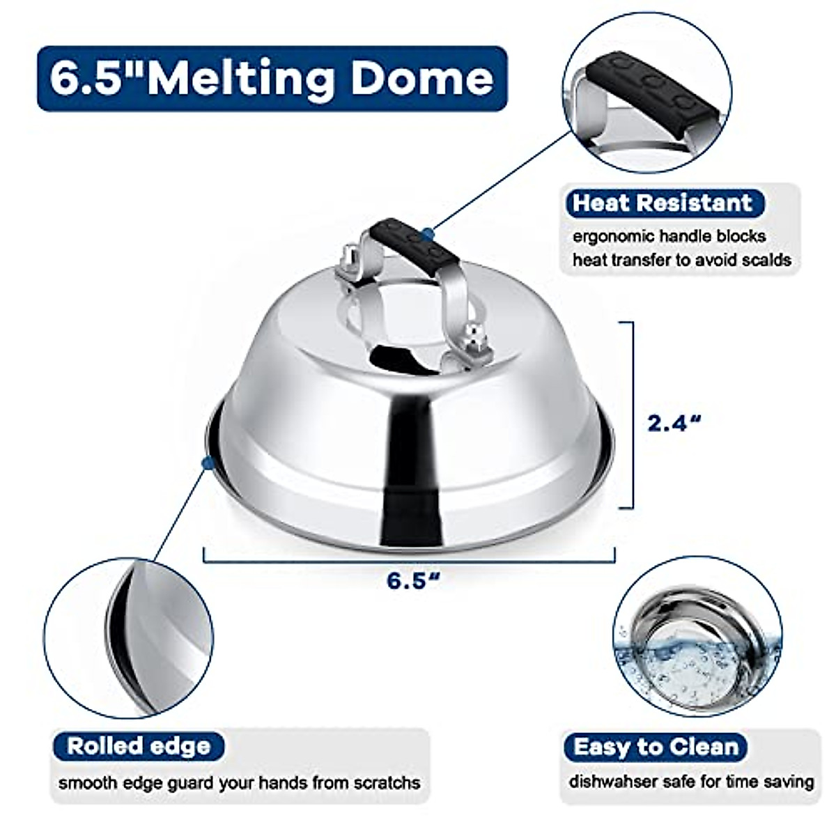 Leonyo 2 PCS 6.5 Inch Heavy Duty Cheese Melting Dome - Stainless Steel Round Basting Steam Cover for Grilling Flat Top Cast Iron, Heat Resistant Handle Griddle Accessories, Dishwasher Safe, Keep Warm