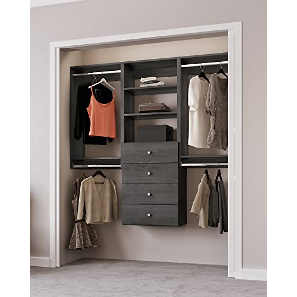 Closet Kit with Hanging Rods, Shelves & Drawers - Corner Closet System - Closet Shelves - Closet Organizers and Storage Shelves (Grey, 90 inches Wide) Closet Shelving