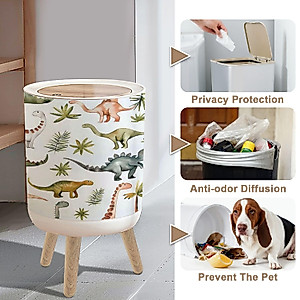 Small Trash Can with Lid Hand drawing watercolor hildren s pattern cute dino tropical leaves 1.8 Gallon/7L Garbage Can Waste Bin with Pop-Up Lid Wood Legs Wastebasket for Bathroom Kitchen Bedroom