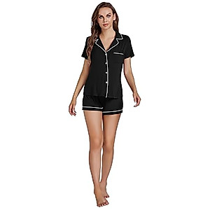 Umenlele Women's 2 Piece Pajama Set Short Sleeve Soft Sleepwear Button-Down Loungewear Black# Small
