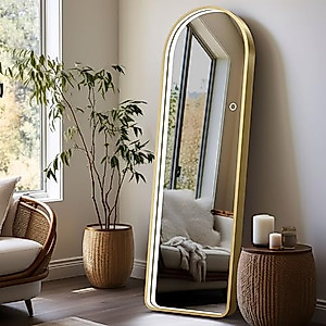 SDHYL Arched Full Length Mirror with Lights, 64"x20" LED Mirror Full Length with Stand, Full Body Mirror with Touch Button and Plug, Dimmable Brightness Dressing Mirror for Living Room, Gold