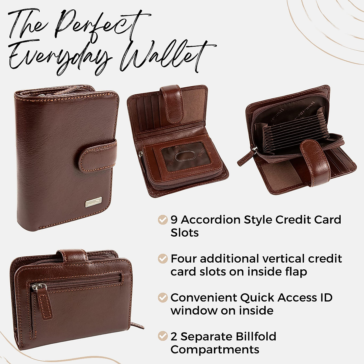 WalletBe Women's Wallet Leather RFID Coin Purse Billfold Accordion Brandy