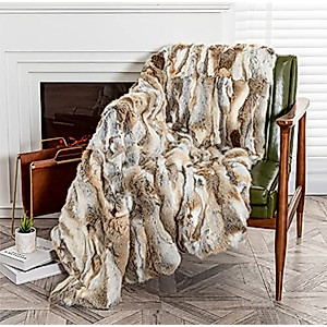Natural Real Rabbit Fur Throw Blanket Luxury Fluffy Soft Cozy Plush,Thick Warm Blanket for Couch, Sofa and Bed,55.1in x62.9in(Straw Yellow)